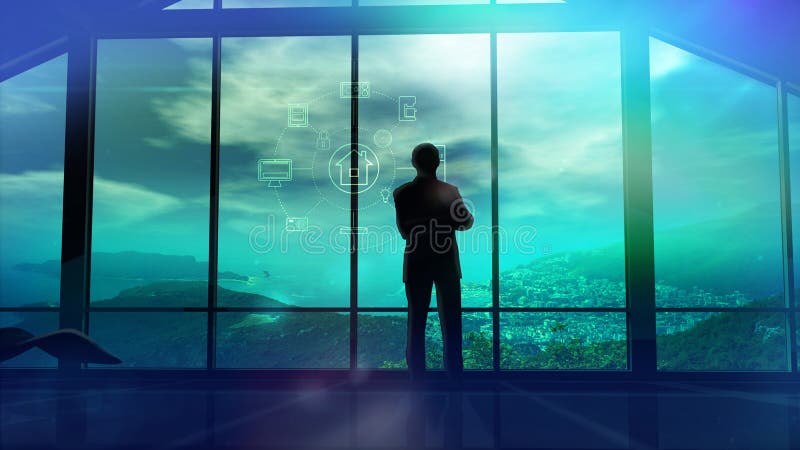Men in the Huge Office in Front of Large Windows. 3D Illustration Stock ...