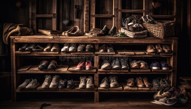 Men Leather Shoe Collection on Rustic Wooden Shelf in Store Generated ...