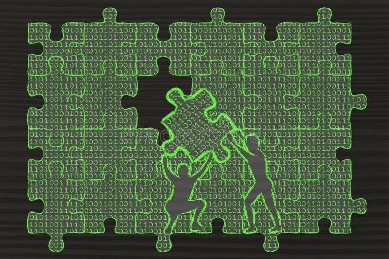 Men Lifting Piece of Puzzle with Binary Code To Fill a Gap Stock ...