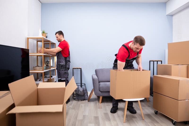 Men Loading the Cardboard Boxes during Moving Stock Photo - Image of ...