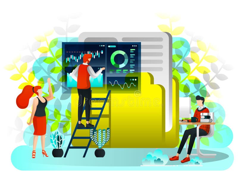 Men Looking for Data on Giant Folder Icon and Worker is Operating ...