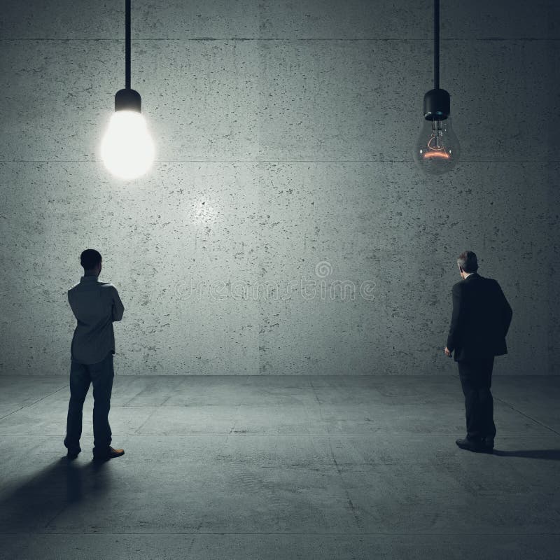 Men Looks at Two Light Bulbs. One is on Stock Illustration ...