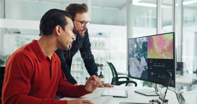 Men, Map and Computer Screen with Discussion for Weather, Environment ...