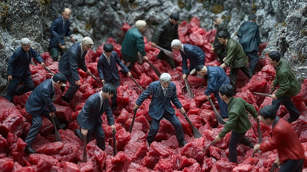 Men Mining Red Meat in Rocky Pit; Industrial Backdrop Stock Image ...