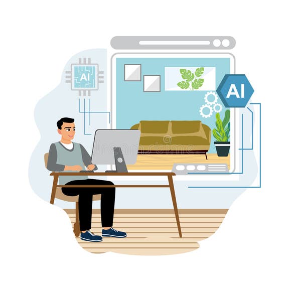 Men Plan Interior Spaces with AI Technology Stock Illustration ...