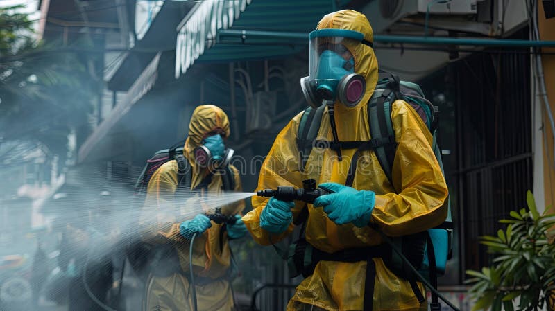 Men in Protective Suits Disinfect the Street by Spraying Liquid Stock ...