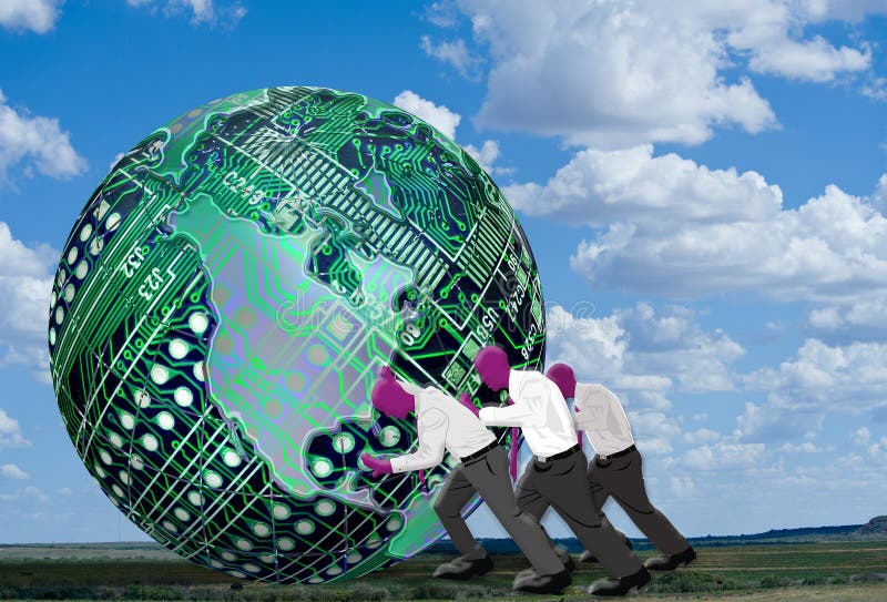 Men Pushing Technology Globe Stock Illustration - Illustration of group ...