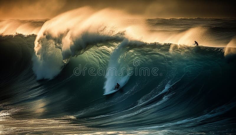Men Ride Majestic Pipeline Wave, Spraying Liquid Generated by AI Stock ...