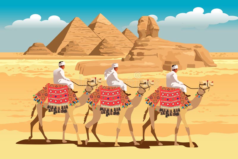 Men Riding Camels in Front of Egypt Pyramid Vector Illustration Stock ...