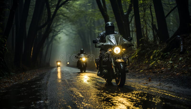 Men Riding Motorcycles in the Dark Forest, Blurred Motion, Extreme ...