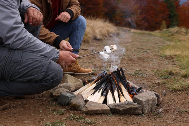 Men Roasting Marshmallows Over Campfire Outdoors, Closeup. Camping ...