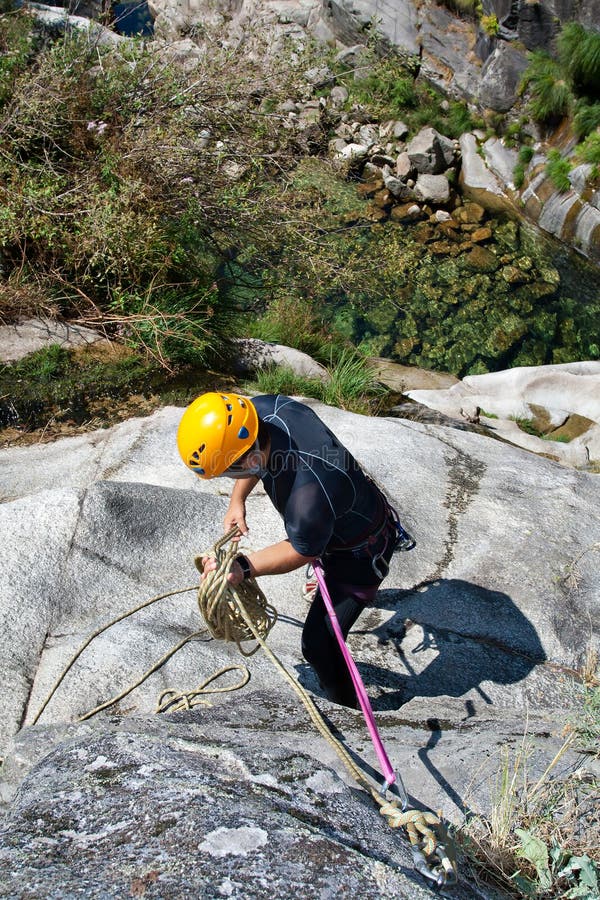 Men With Rope For Rappelling Stock Photo - Image of system, carabiner ...
