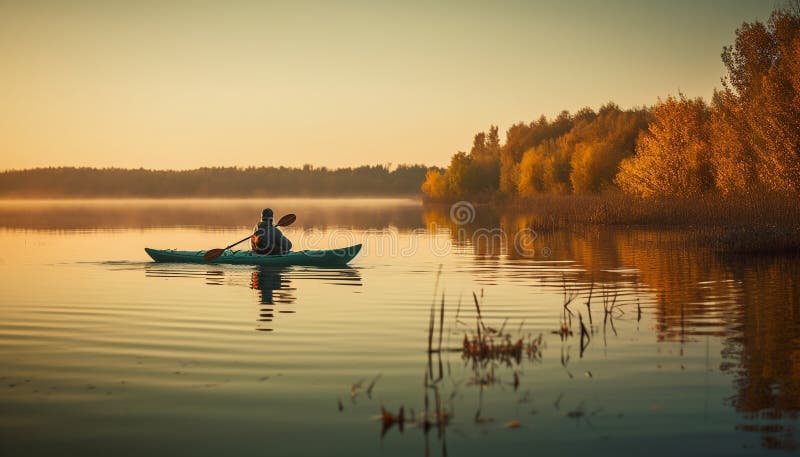 Men Rowing Canoe at Sunset, Tranquil Scene Generated by AI Stock ...