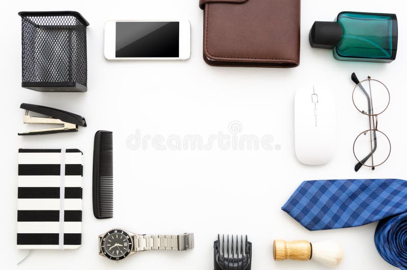 Men`s Accessories Top View. Isolated White Desktop with Office Tools ...