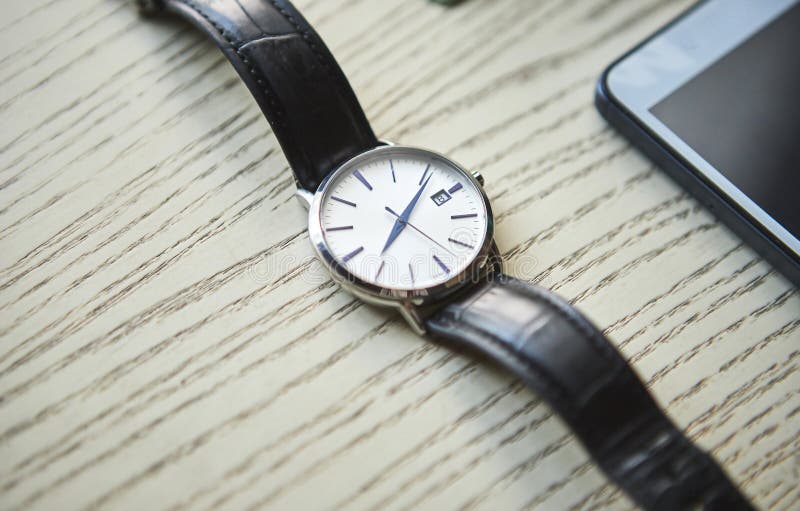 Men`s Classic Watch Clock on the Table Stock Photo - Image of glitter ...