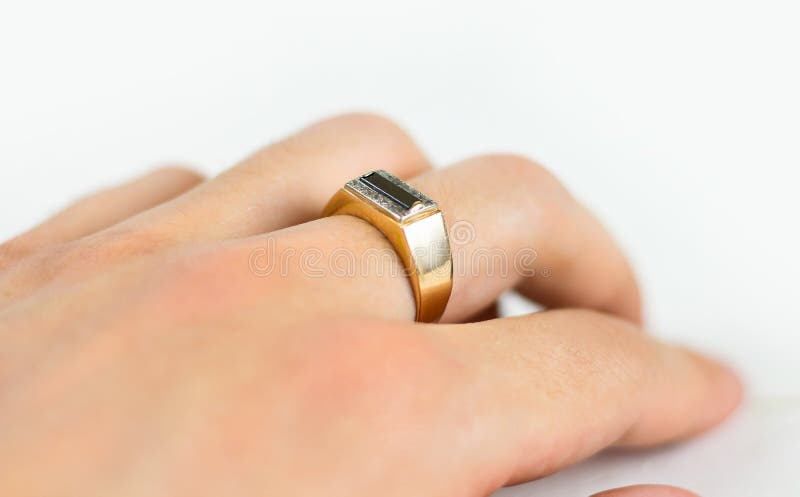 Men`s Gold Ring with Diamonds on the Hand. Stock Photo - Image of ...