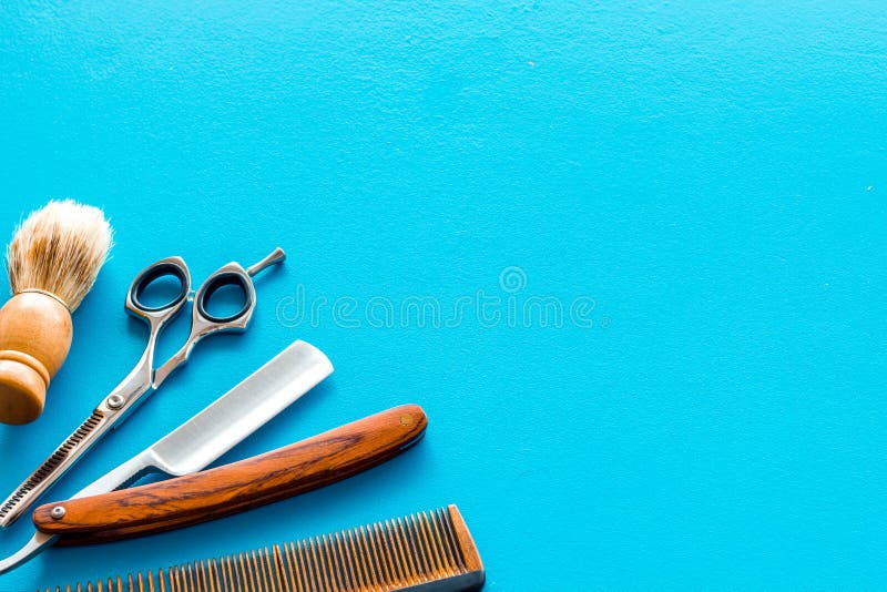 Men`s Shaving and Hairdressing Background on Blue Top View Space for ...