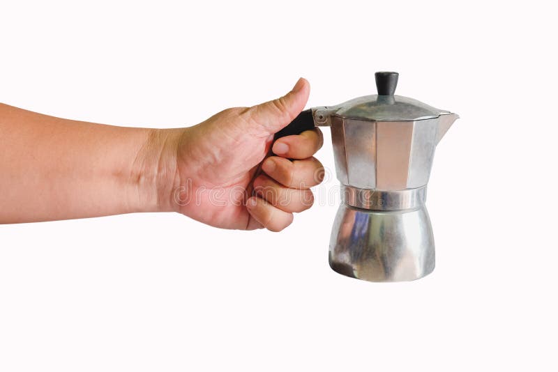 Men Hand Hold a Hot Coffee Maker Moka Pot Stock Photo - Image of food ...