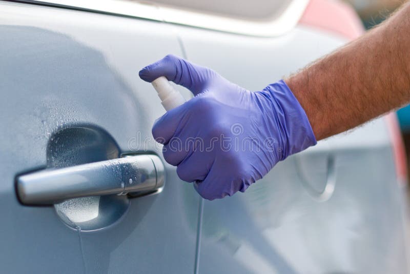 Men`s Hand in Protective Gloves Cleaning Car Door Handle Using ...