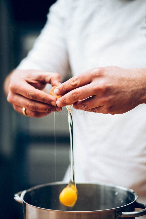 Men`s Hands Chefs Break the Egg Stock Photo - Image of pastry, floury ...