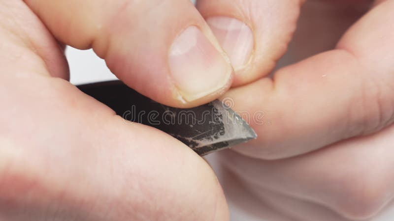 Men S Hands Clean the Wire from the Insulation with a Knife before ...