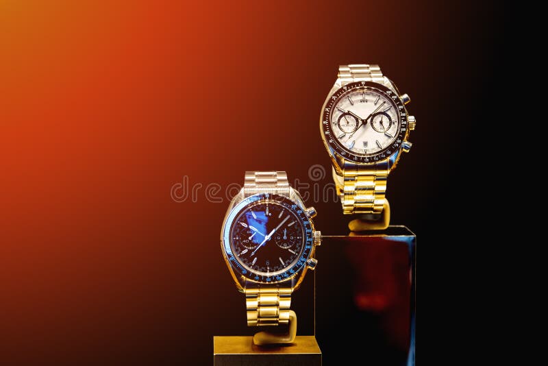 Men`s Watches in the Window on a Red and Black Background. Copy Space ...