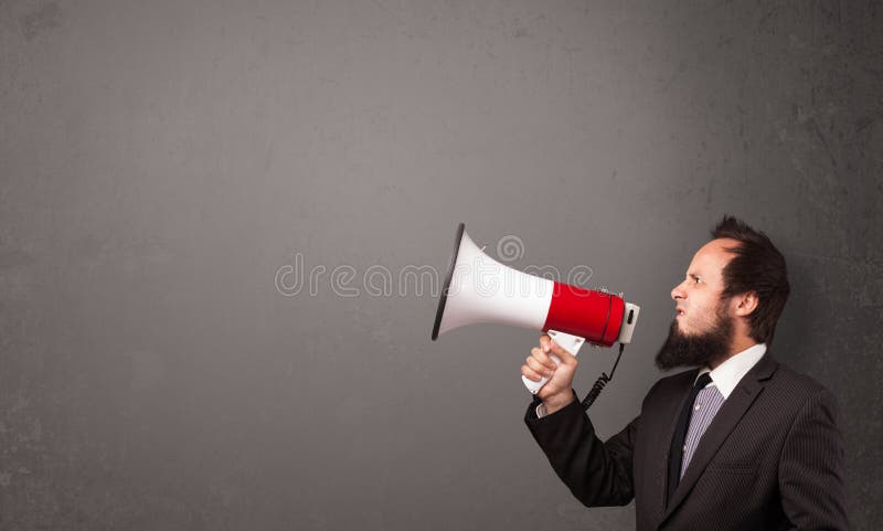 Men Shouting into Megaphone on Copy Space Background Stock Image ...