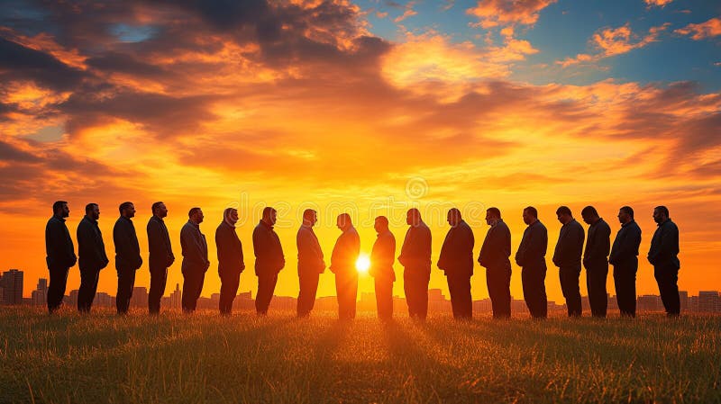 Men Silhouetted at Sunset, City Skyline Background, Unity Concept Stock ...