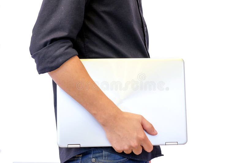 A Men Stand Holding a New Models Computer Laptop Stock Photo - Image of ...