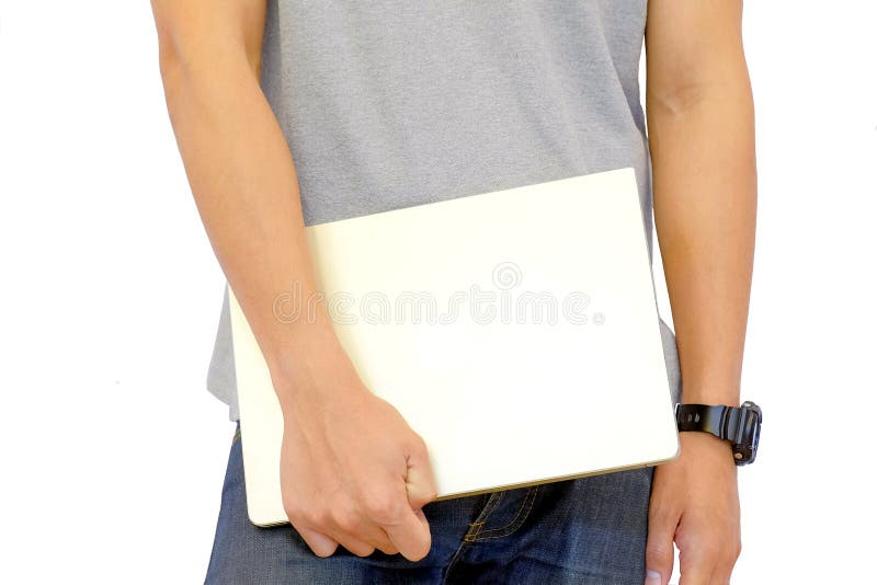A Men Stand Holding a New Models Computer Laptop Stock Photo - Image of ...