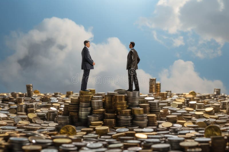 Men Standing on the Top of Stack of Coins Stock Photo - Image of worker ...