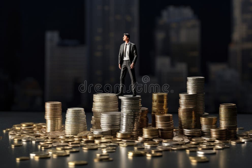 Men Standing on the Top of Stack of Coins Stock Photo - Image of ...