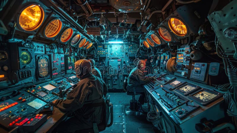 Men in a Submarine Control Room, Surrounded by Technology and Darkness ...