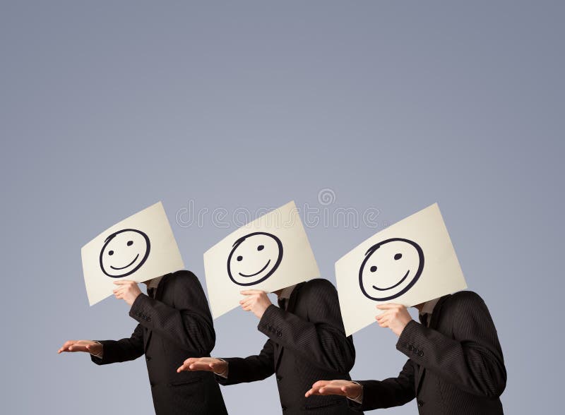 Men in Suit Gesturing with Sketched Smiley Faces on Cardboard Stock ...