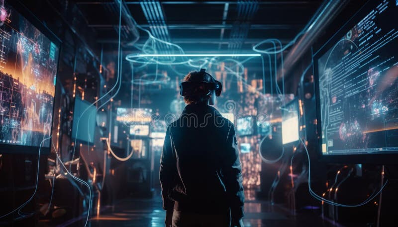 Futuristic Cyborg Engineer Controls Robotic Machinery Indoors Generated ...