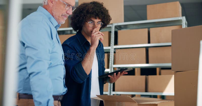 Men, Tablet and Discussion for Logistics, Boxes and Review for Delivery ...