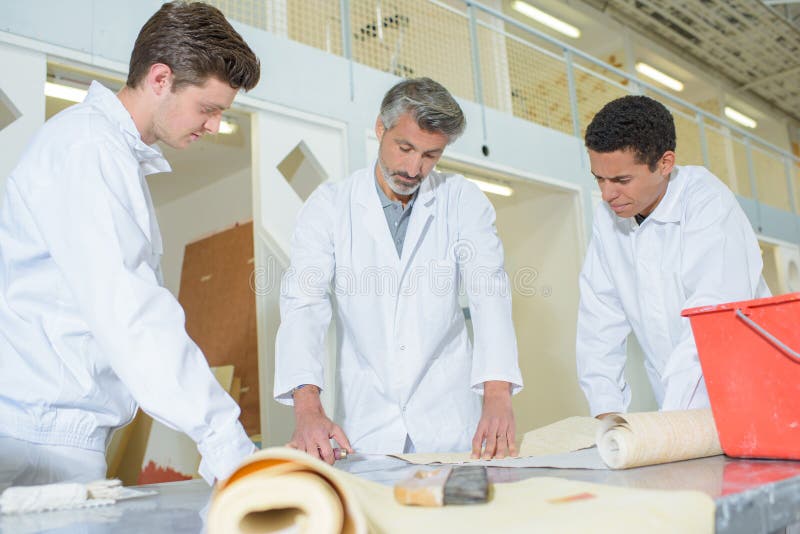 Man teaching wall papering stock photo. Image of paintbrush - 312438388