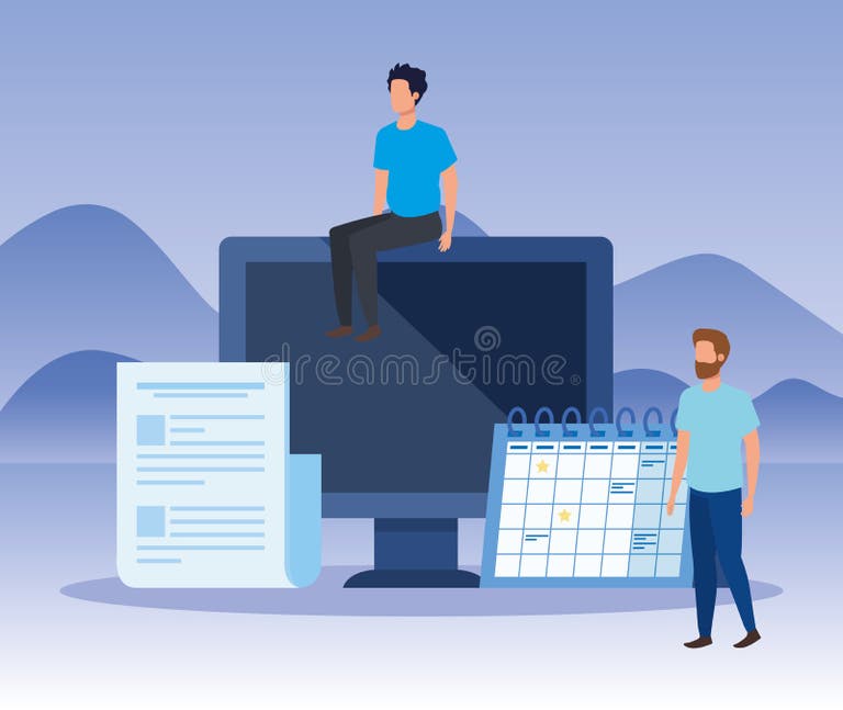 Men Teamwork with Computer Technoloy Aand Document Stock Illustration ...