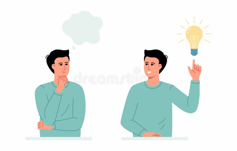 Men Think with Think Bubble Symbol and.happy Man Pointing Up on Light ...