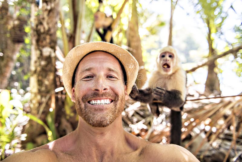 Men Tourist Makes Selfie Self Portrait with Monkey Stock Image - Image ...