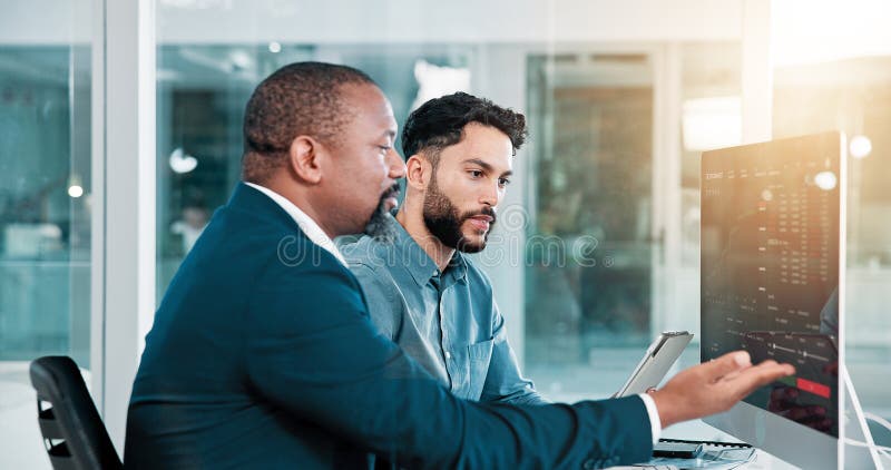 Men, Trading and Computer Screen with Tablet, Discussion and Review at ...