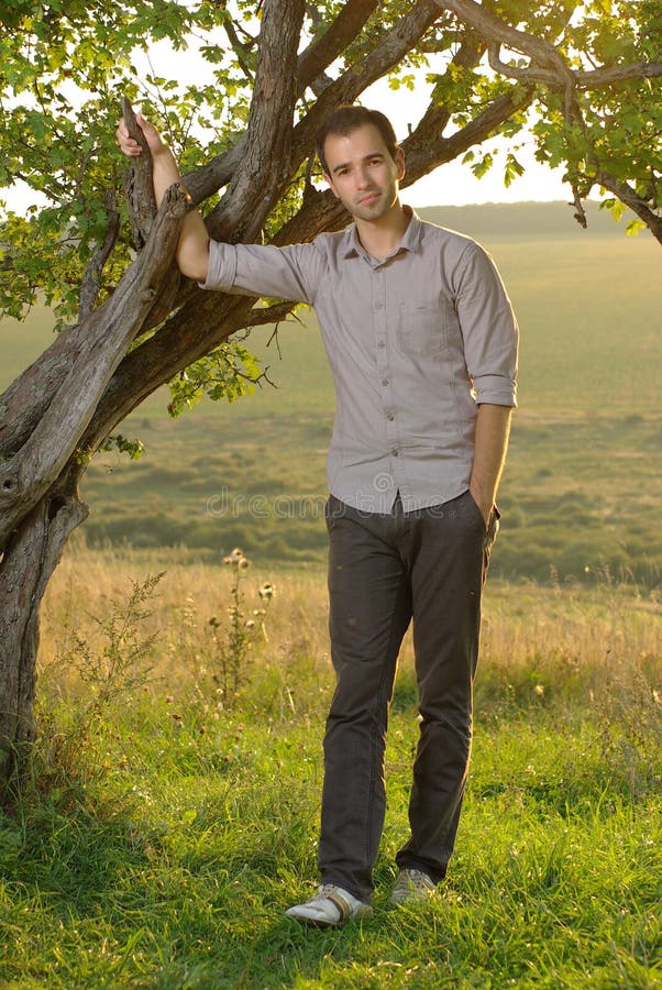 Men under tree on field stock photo. Image of evening - 33265992