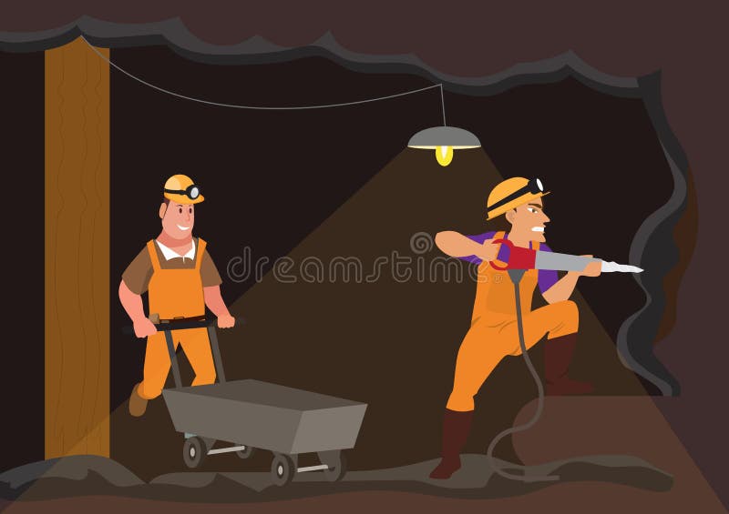 Men in Uniform Work Underground Mining Coal. Flat Style Cartoon ...