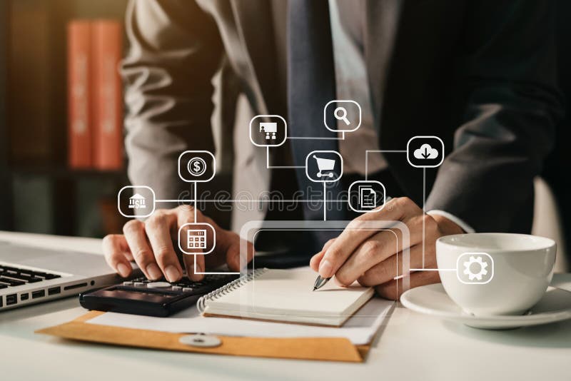 Men Use the Calculator and Take Notes with Calculations about the ...