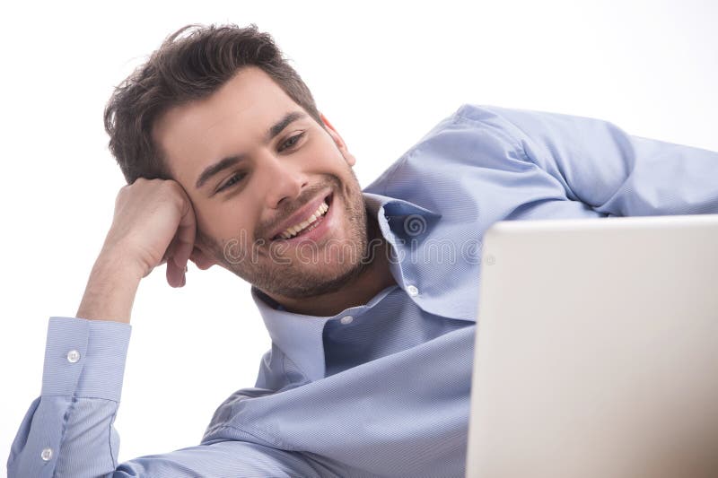 Men Using Computer. Cheerful Young Men Using Computer while Isolated on ... Men Using Computer. Cheerful Young Men Using Computer while Isolated on ...
