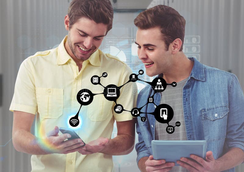 Men Using Digital Table and Smart Phone with Connecting Icon Stock ...