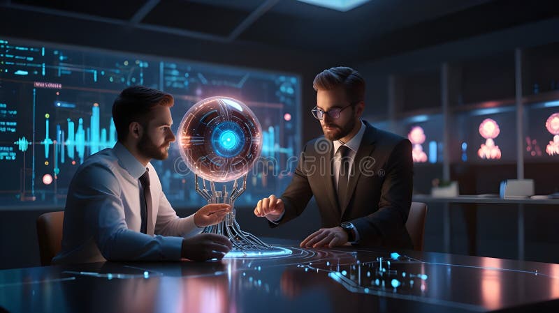 Men Using Orb Technology in Futuristic Office Stock Illustration ...