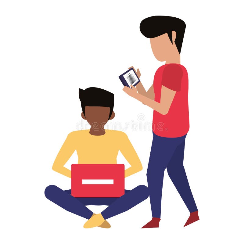 Men Using Technology Devices Cartoon Stock Vector - Illustration of ...