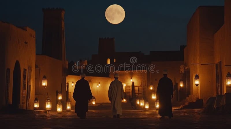 Men Walking through a Desert Village at Night Under a Full Moon Stock ...