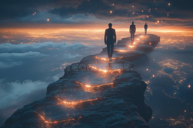 Men Walking on Glowing Surreal Path Stock Illustration - Illustration ...